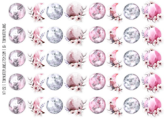 40 Grey & Pink Watercolor Moon Stickers With Flowers for Junk | Etsy