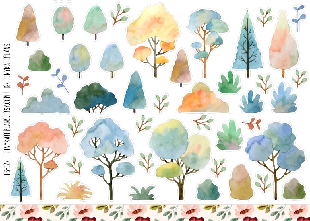 Watercolor Spring Trees Planner Stickers, Spring Tree Stickers, Spring ...