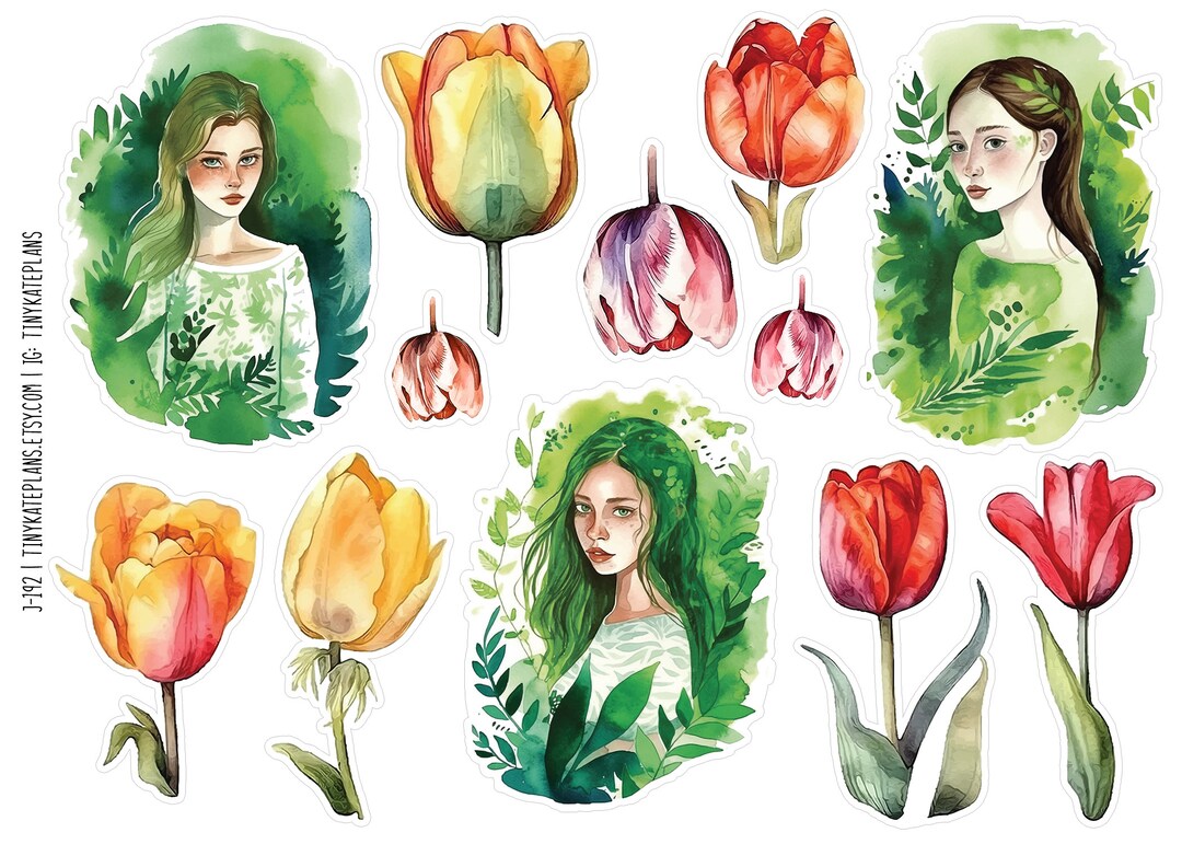 Green Nature Girl Stickers for Junk Journals, Summer Girls Scrapbook ...