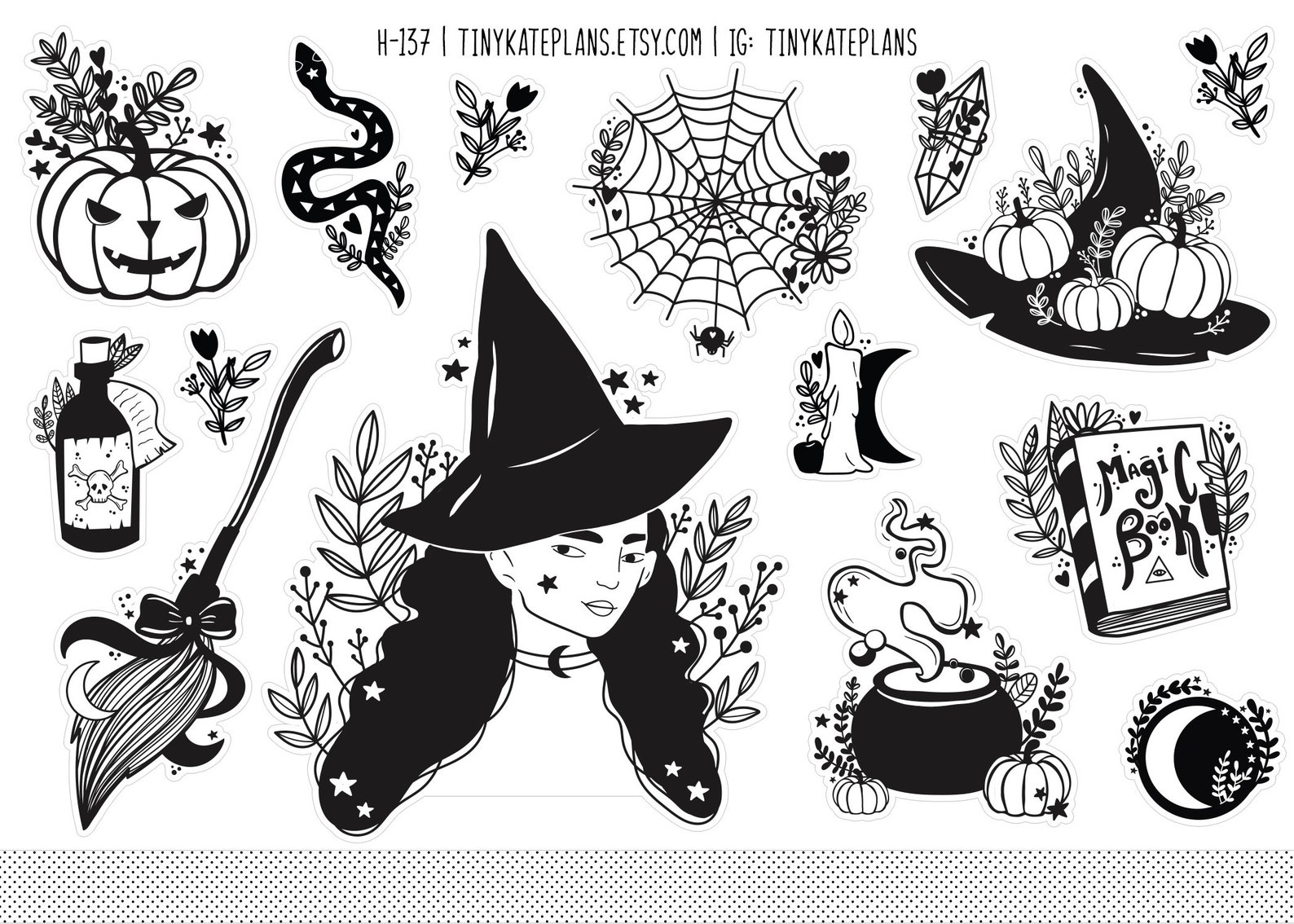 Black & White Witch Planner Stickers, Creepy Halloween Planner Stickers ...