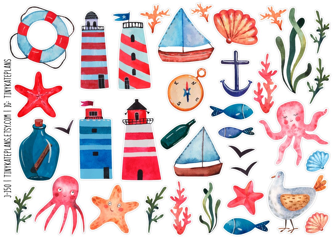Cute Summer Sea Elements Planner Stickers, Lighthouse Planner Stickers ...