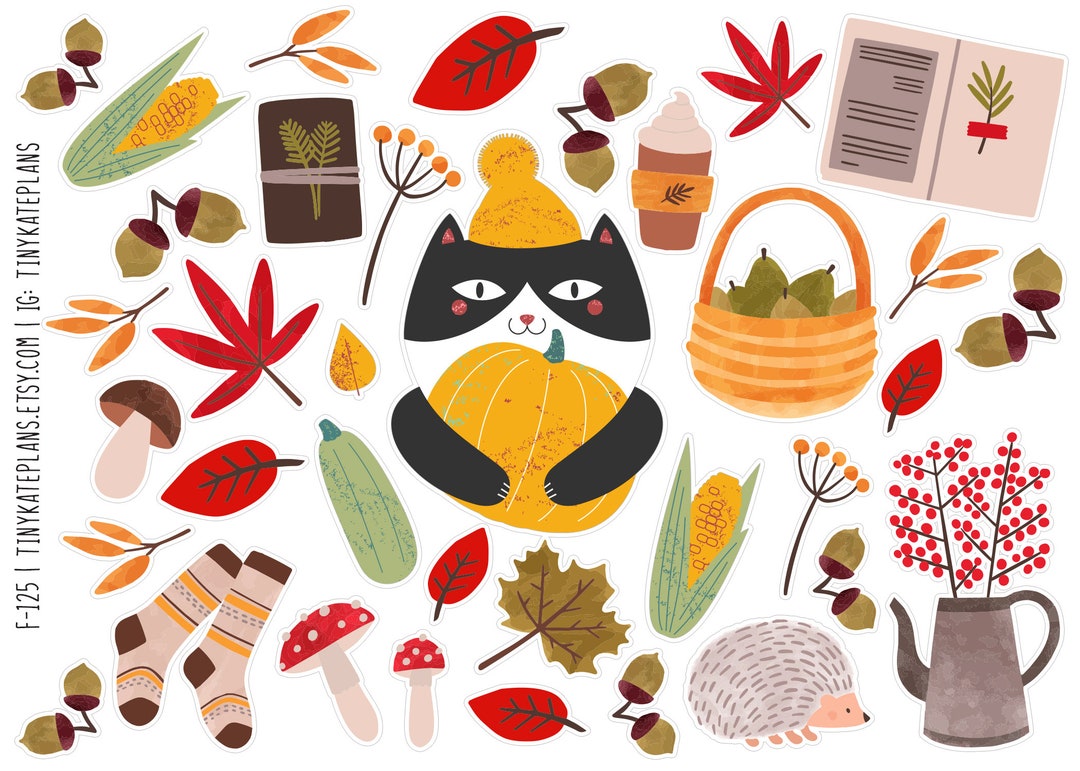 Fall Cat & A Pumpkin Planner Stickers, Fall Cat Planner Stickers, Cozy ...