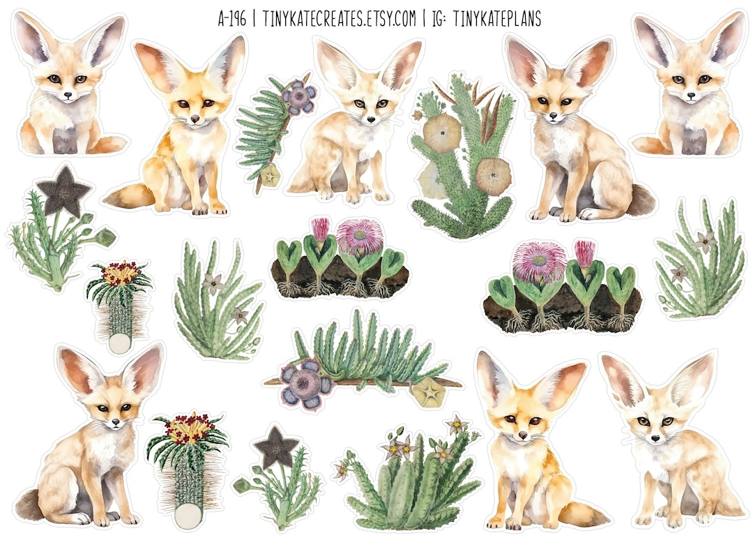 Cute Fennec Fox & Cacti Planner Sticker Set, Fox Planner Stickers, Cute ...
