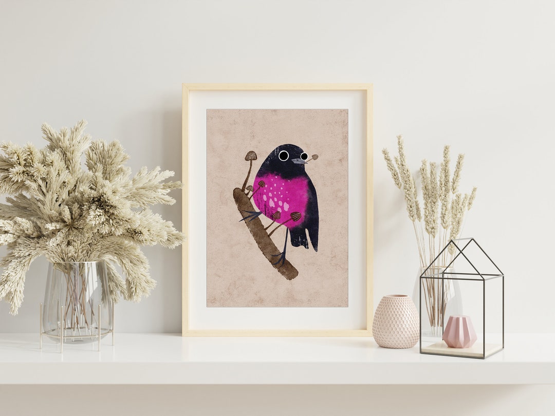 Pink Robin Art Print, Cute Pink Bird Art Print, Colorful Bird Art Print ...