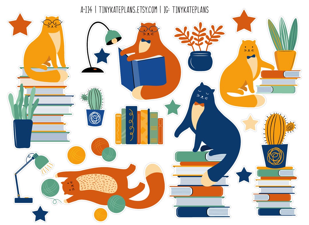 Cute Cats and Books Planner Stickers, Cat Bullet Journal Stickers ...