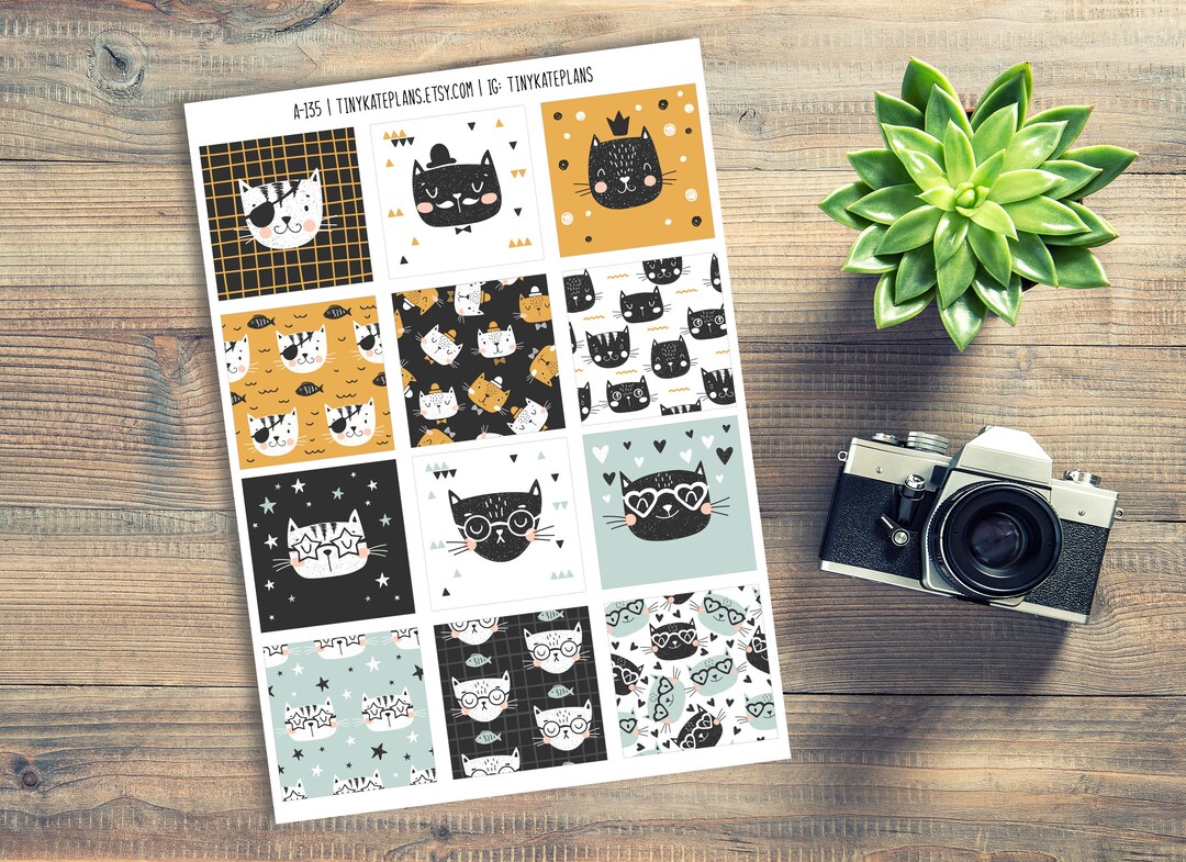 Cute Cat Square Box Planner Stickers, Cat Lover Planner Stickers, Cat ...