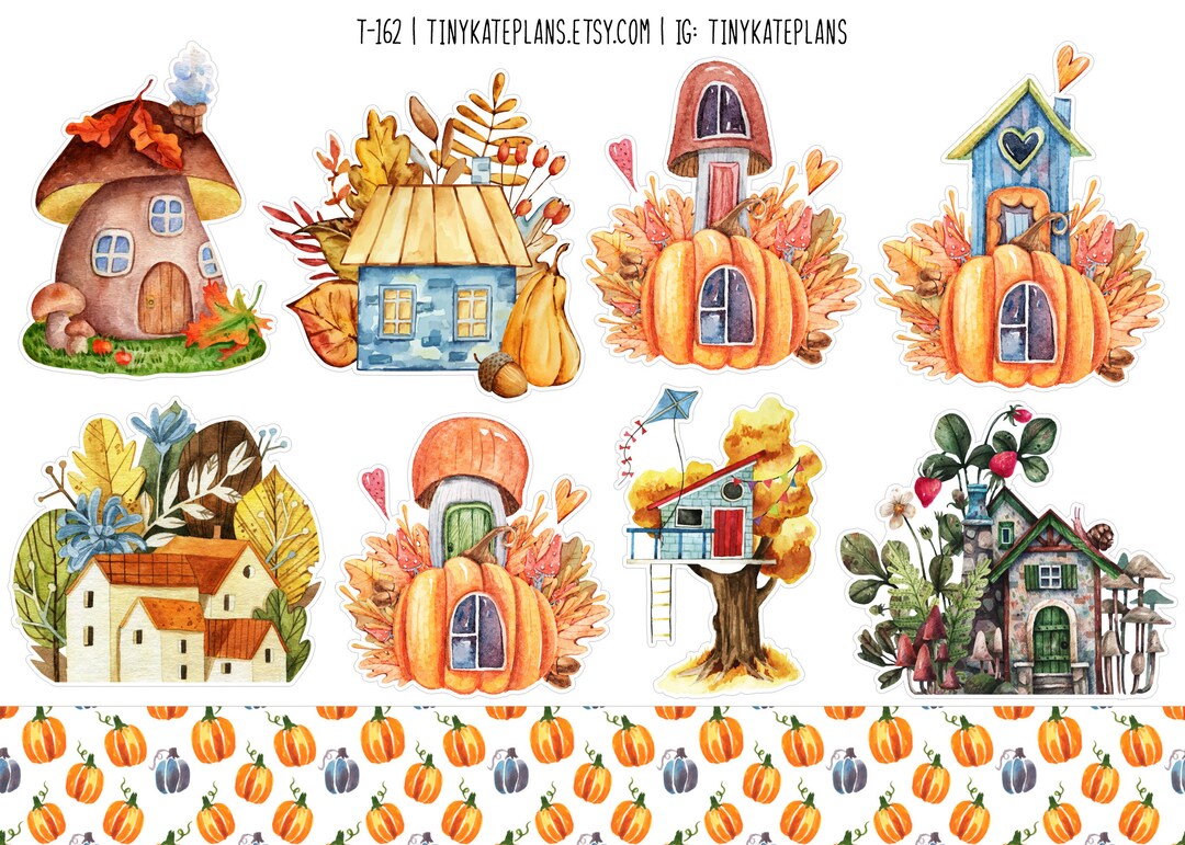 Fall Houses Planner Stickers, Fall Tree House Stickers, Cozy Fall ...