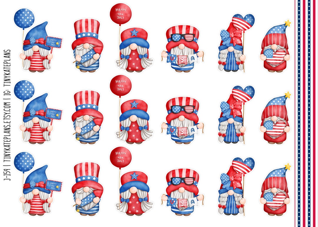 4th of July Gnome Planner Stickers, Summer Planner Stickers, Gnome ...