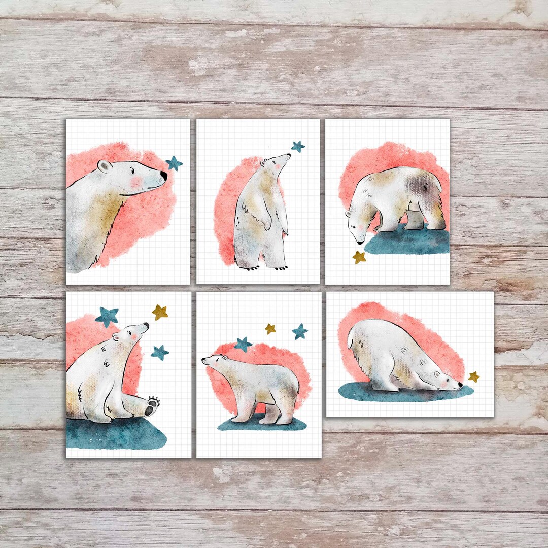 Tipin Art Card Set of 6, Polar Bear 3x4 Card Prints for Journalinging ...