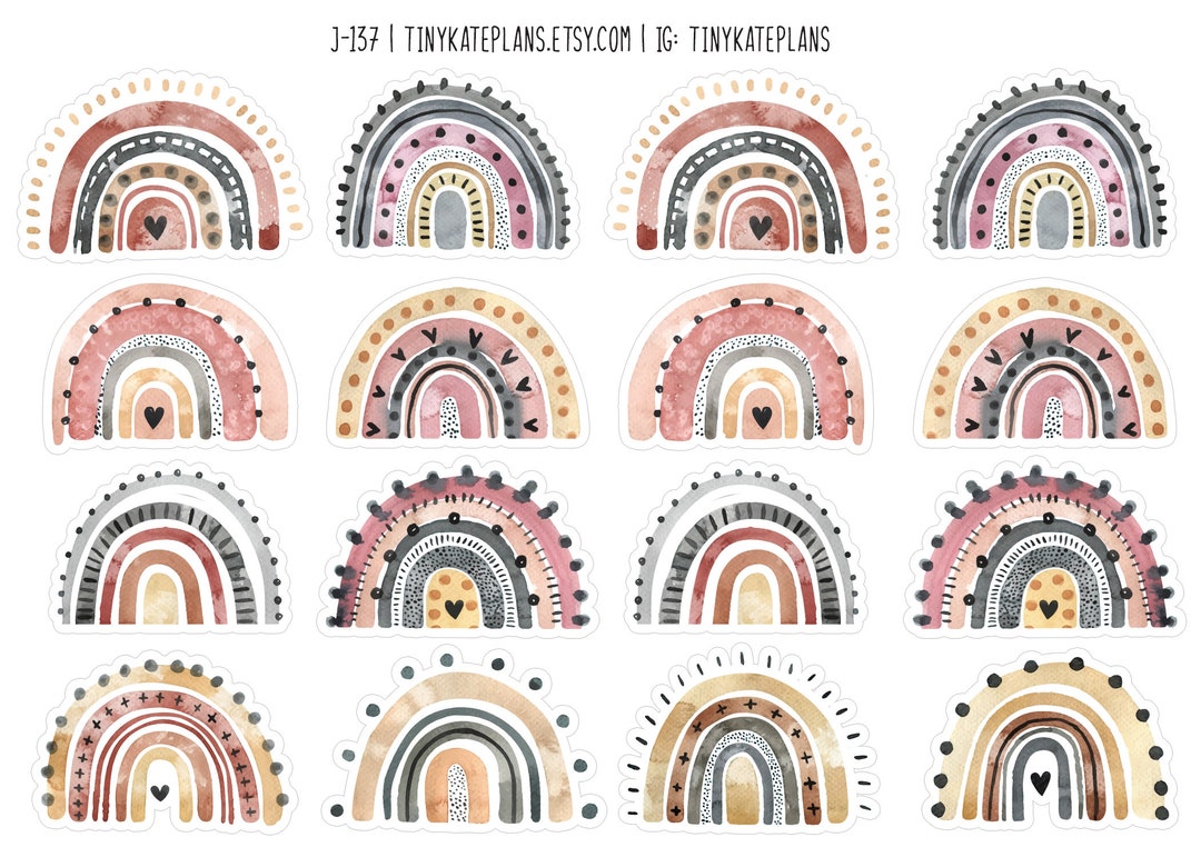 Watercolor Boho Rainbow Stickers, Tiny Boho Rainbow Planner Stickers ...