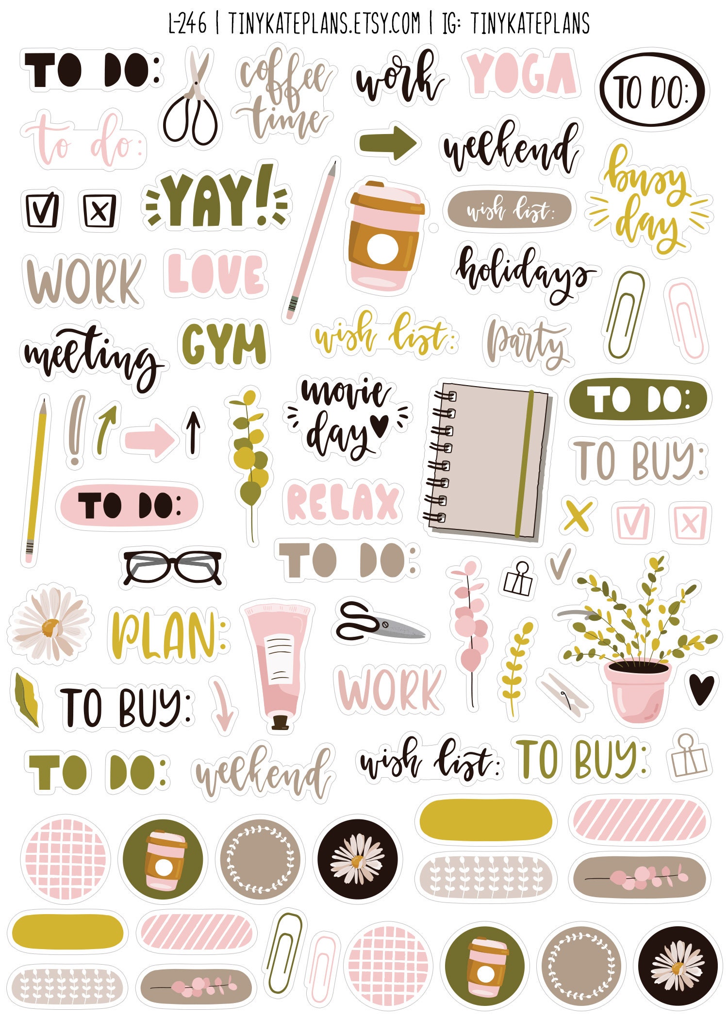 Pink & Green Planner Mix Sticker Set, Tiny Work Planner Stickers ...