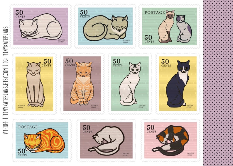 10 Vintage Cat Stamp Stickers, Vintage Inspired Stickers, Retro Cat ...