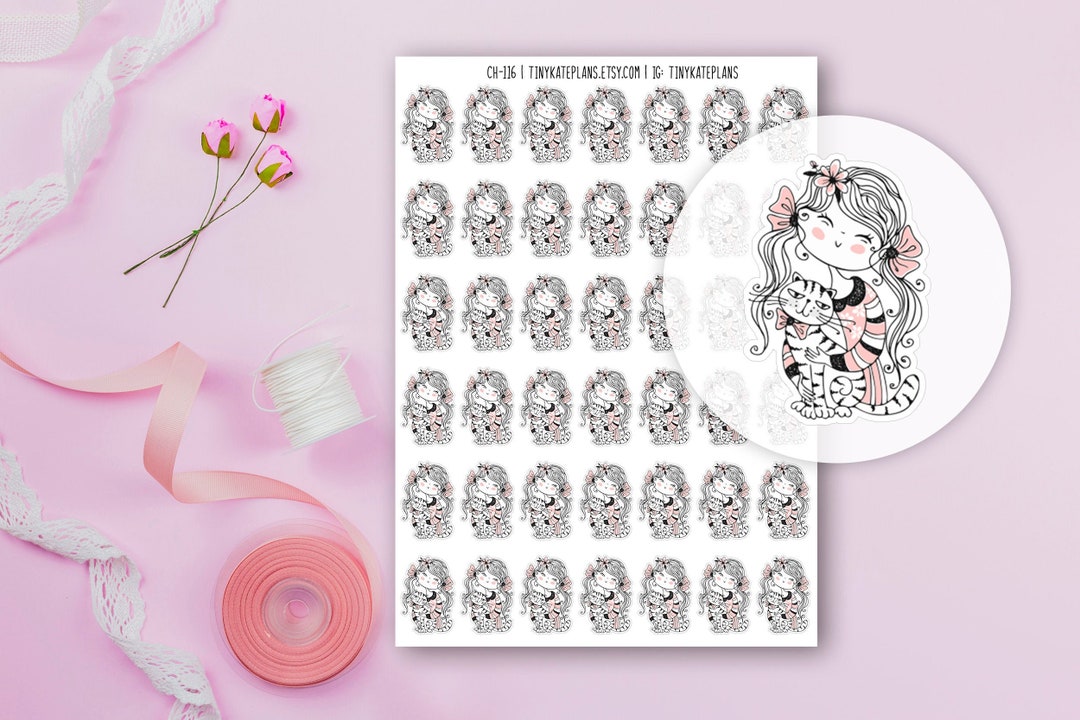 Girl HOLDING A CAT Planner Stickers, Funny Cat Planner Sticker, Cat ...