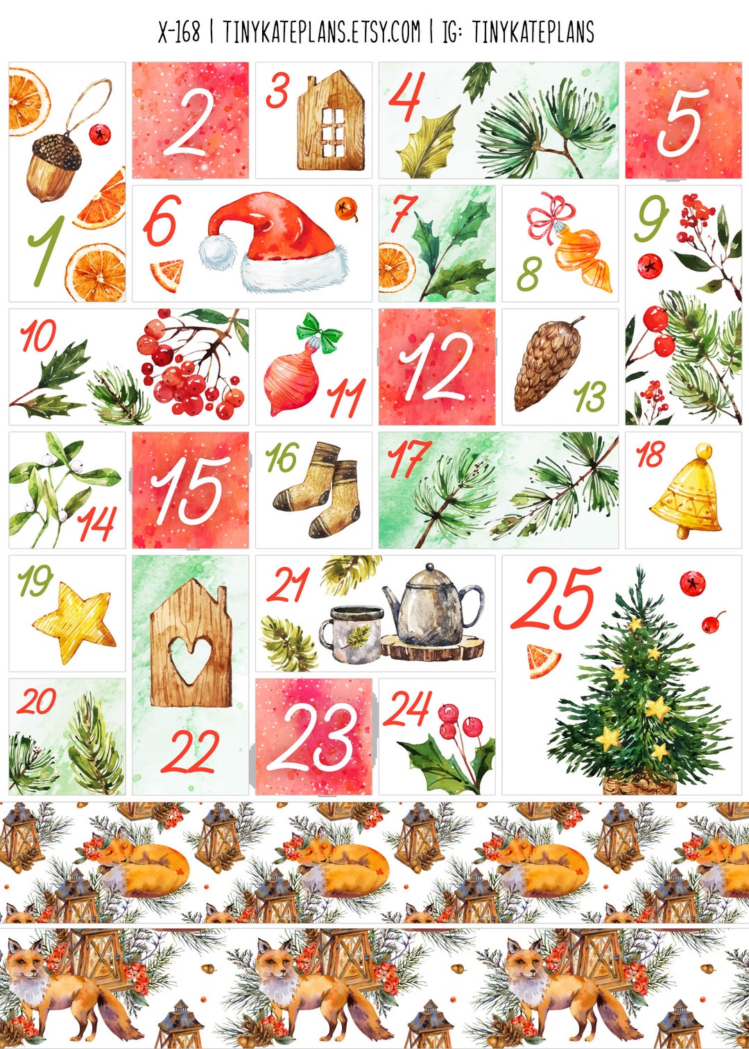 Advent Christmas Countdown Planner Stickers, Watercolor Christmas ...