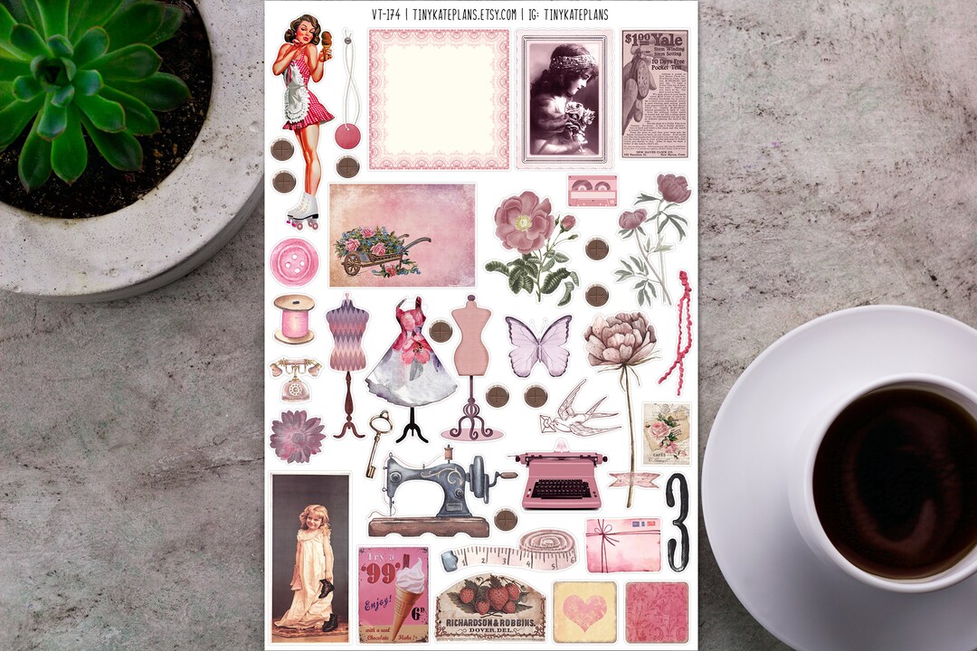 Pink Vintage Mix Stickers for Junk Journals, Vintage Scrapbook Stickers ...