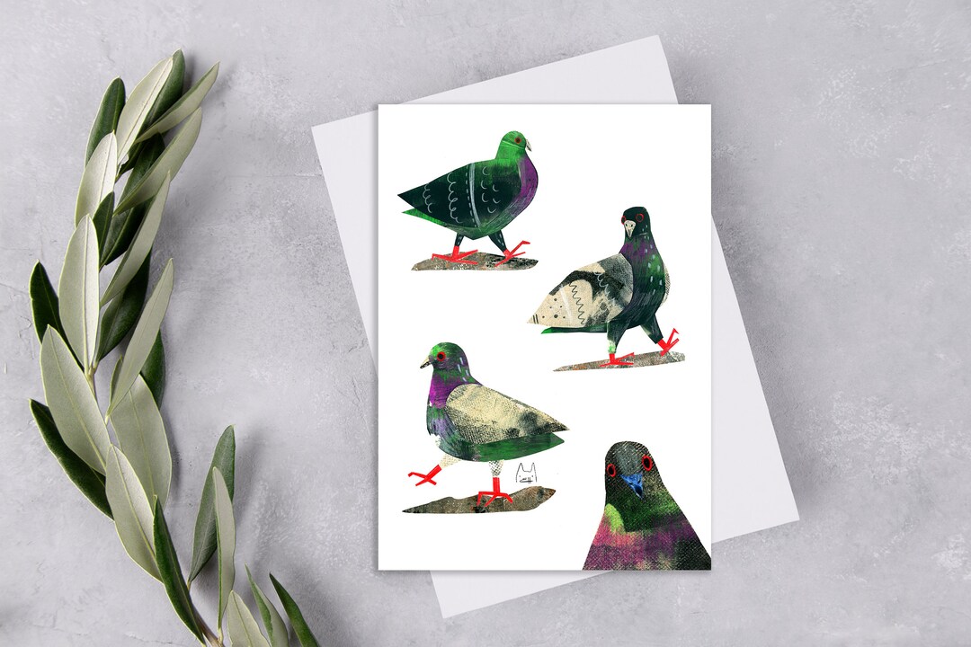 Four Rock Pigeons Paper Collage Postcard Print, Rock Pigeon Penpal ...