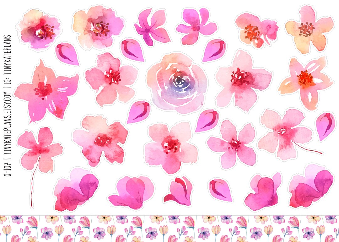 Pink Watercolor Flower Planner Stickers, Tiny Floral Planner Stickers ...