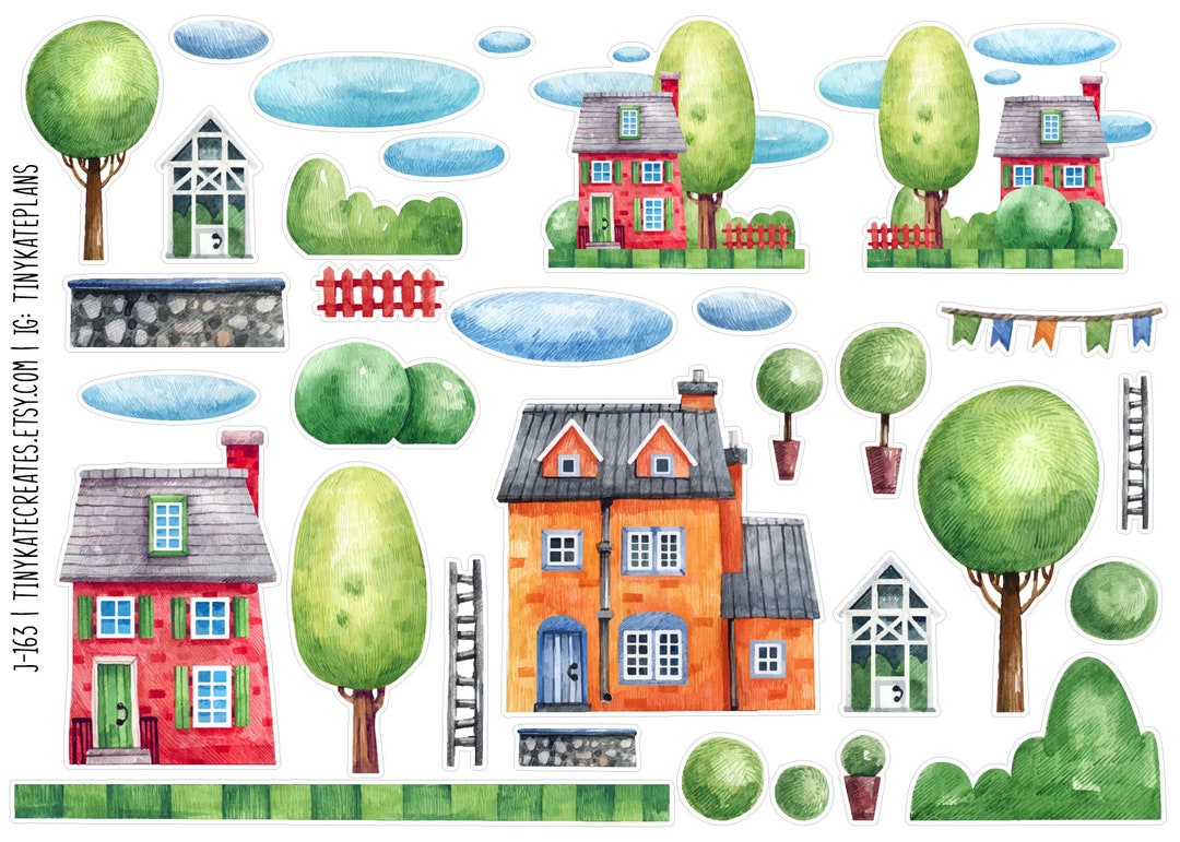 Watercolor Red & Orange House Planner Stickers, Cute Houses Stickers ...
