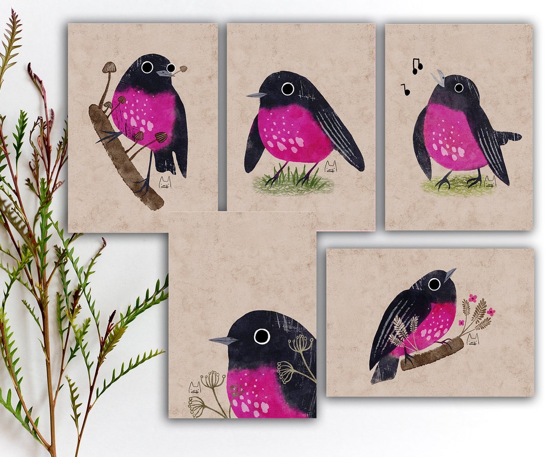 Pink Robin Postcard Set, Pink Robin Stickers, Bird Penpal Postcard ...