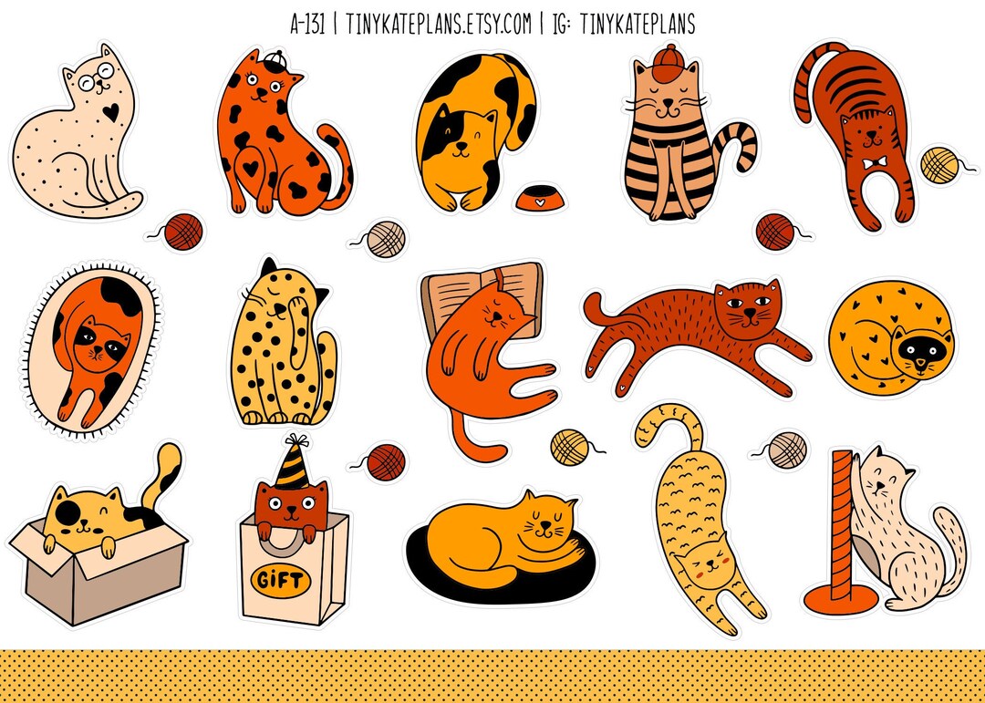 Orange & Yellow Cat Planner Stickers, Cat Lover Planner Stickers, Cat ...