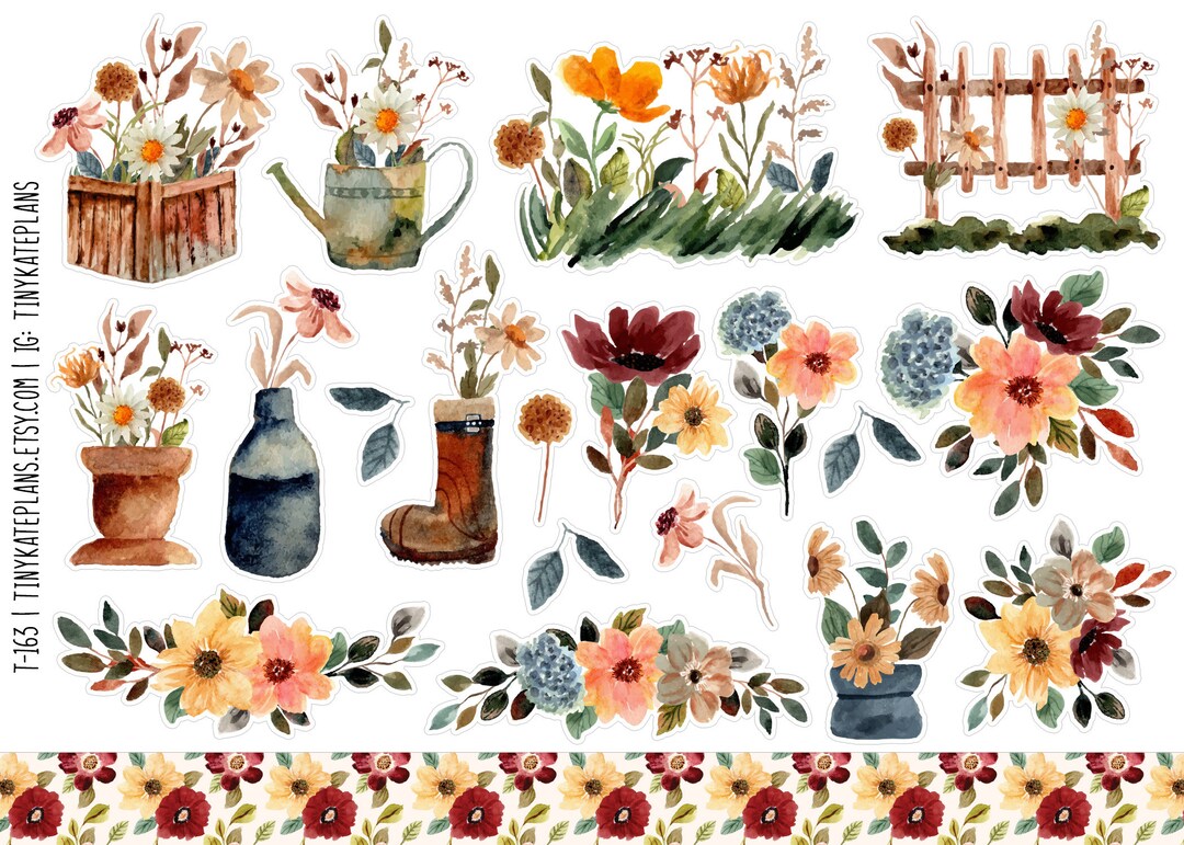 Watercolor Fall Potted Flower Planner Stickers, Cozy Fall Planner ...