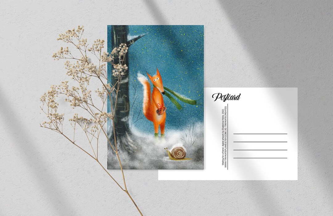 Waiting for A Friend Postcard, Fox & Snail Postcrossing Postcard, Fox ...
