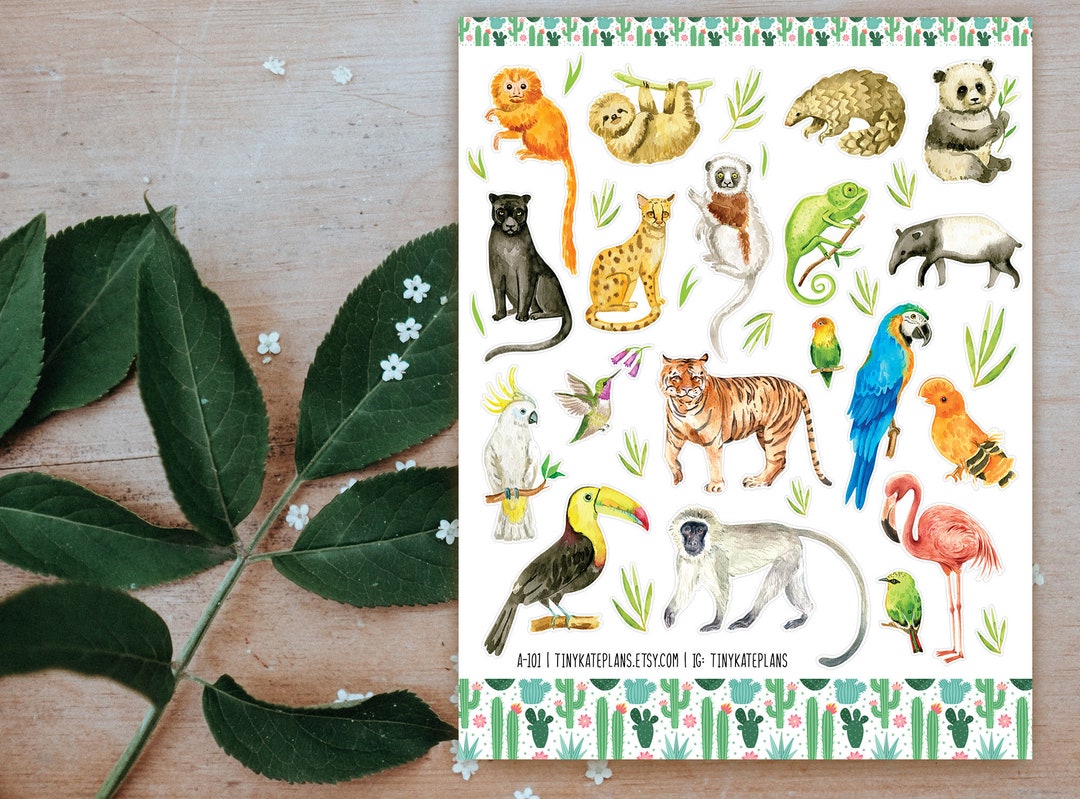 Watercolor Tropical Exotic Animal Planner Stickers, Tropical Animal ...