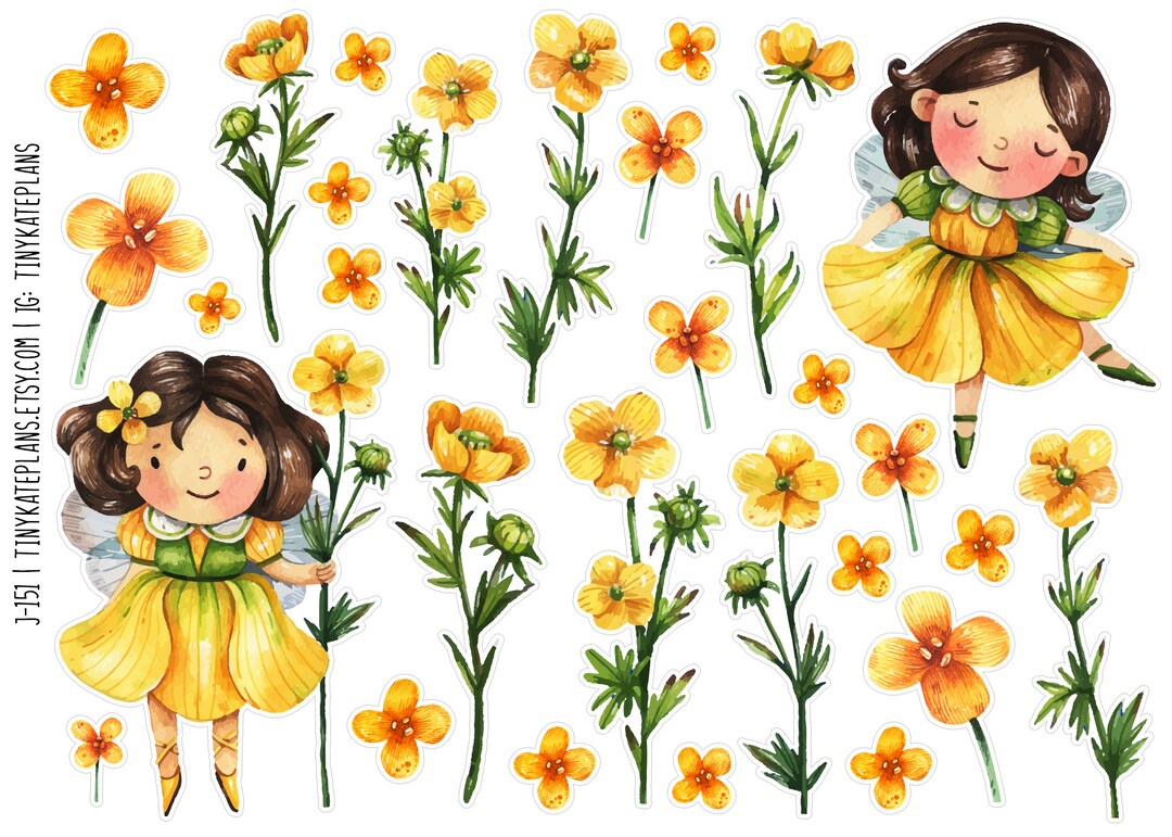 Watercolor Yellow Flower Girl Planner Stickers, Summer Planner Stickers ...