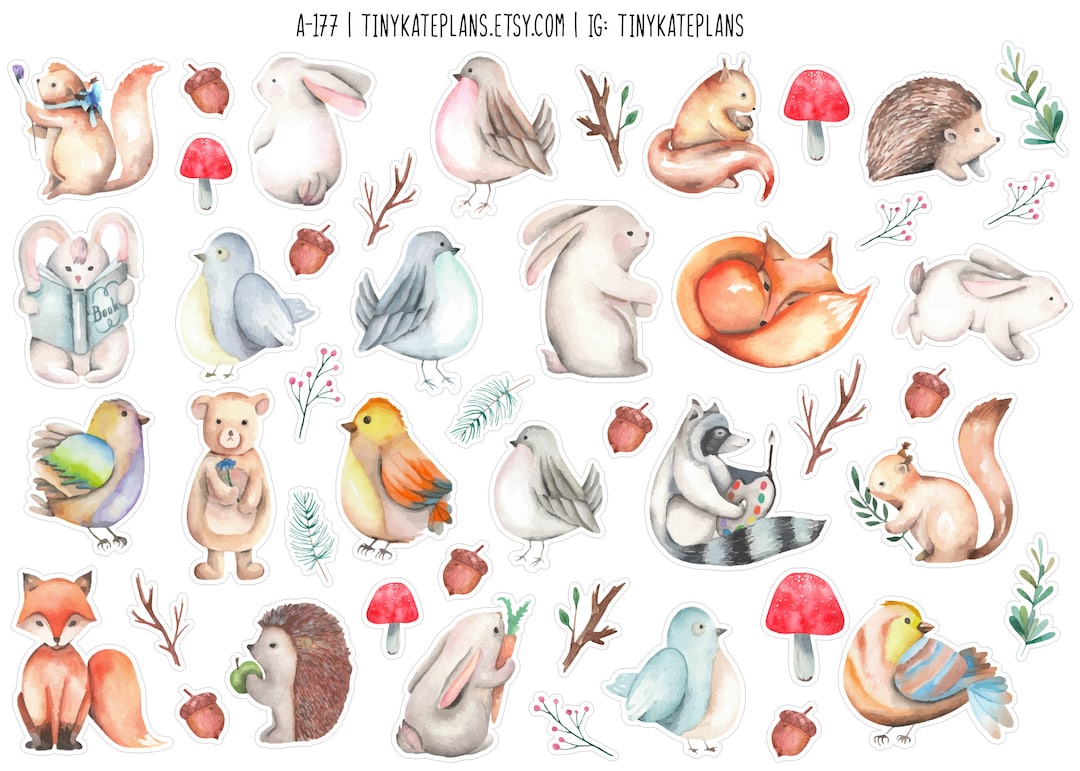 Watercolor Forest Animals and Birds Planner Stickers, Cute Animals Tiny ...