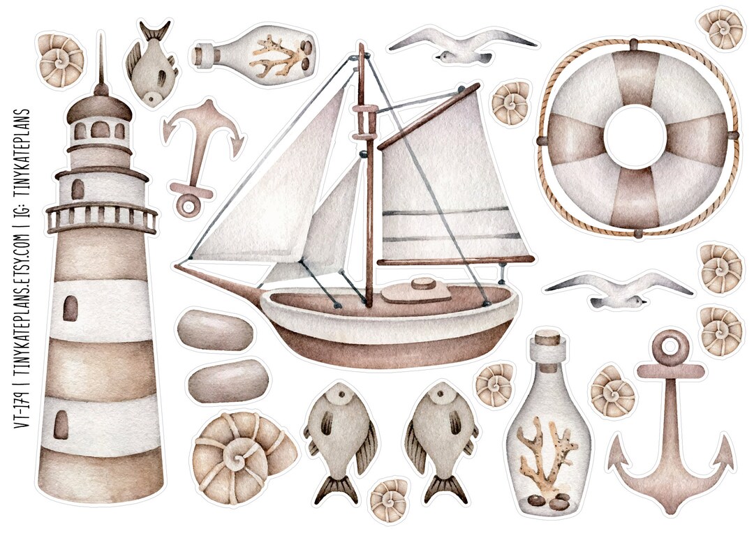 Vintage Sea Elements Stickers, Beach Stickers Junk Journal, Lighthouse ...