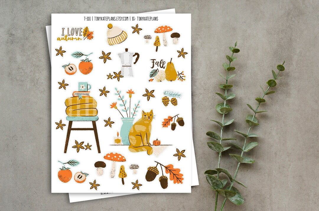 Cozy Fall Planner Stickers, Cozy Fall Cat Book Planner Stickers ...