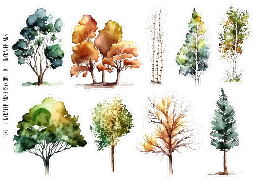 Autumn Tree Planner Stickers, Watercolor Fall Tree Stickers, Cozy ...