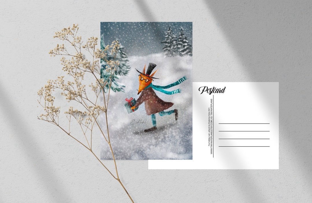 Fox Holiday Rush Postcard, Animal Postcrossing Postcard Print ...