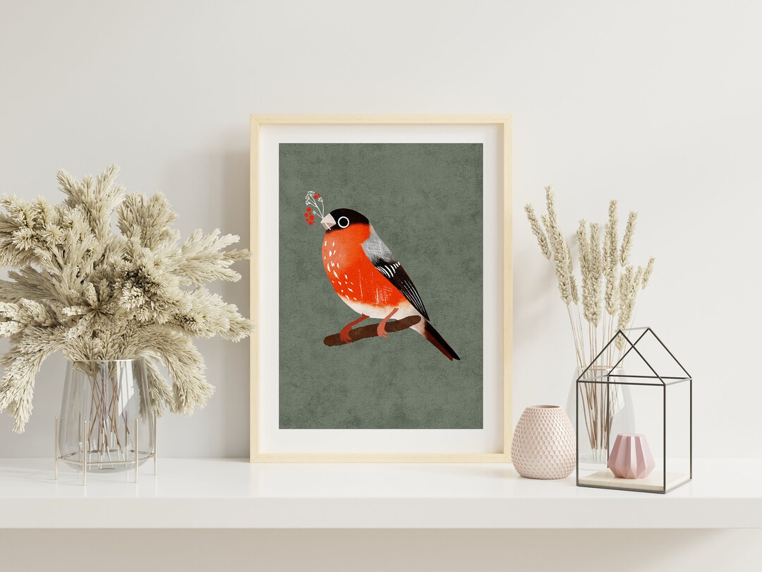Eurasian Bullfinch Art Print, Red Bird Art Print, Colorful Bird Art ...