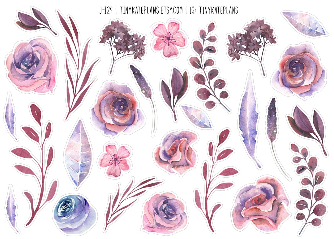 Purple & Pink Floral Stickers, Flower Penpal Stickers, Botanical ...