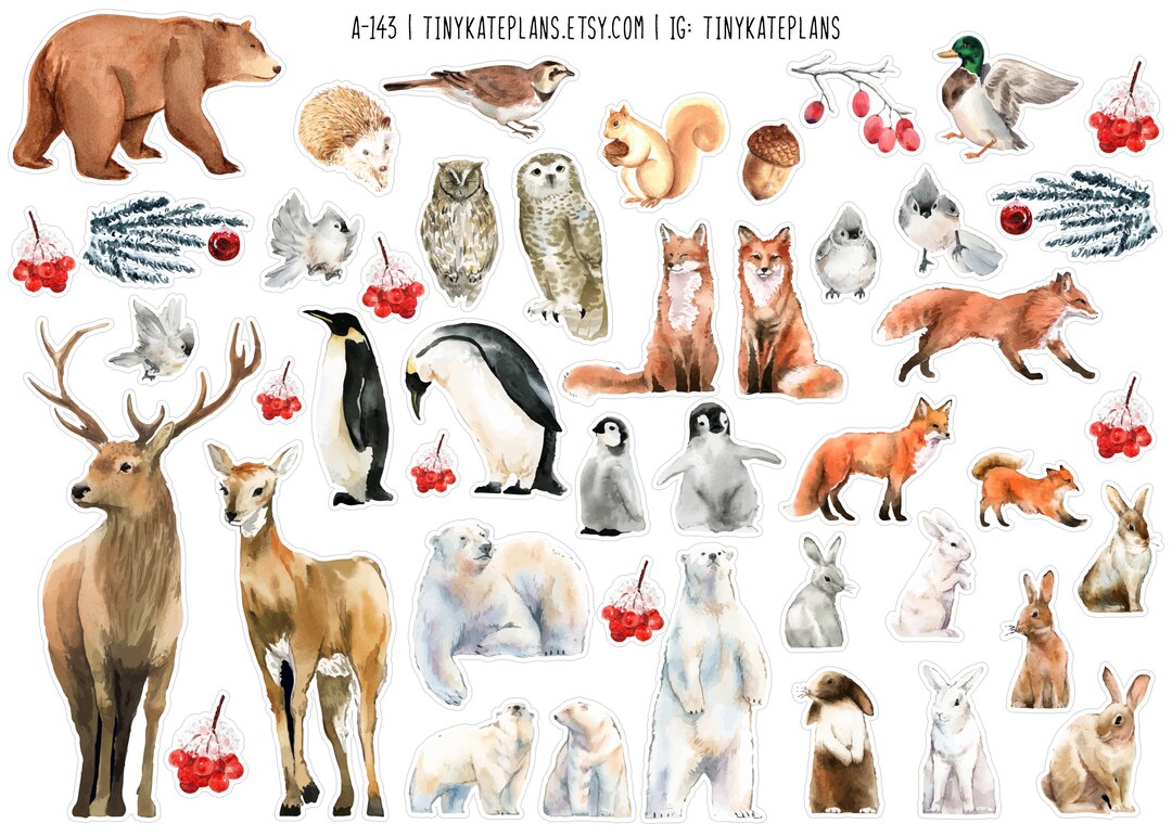 Watercolor Winter Forest Animals Planner Stickers, Tiny Animal Stickers ...
