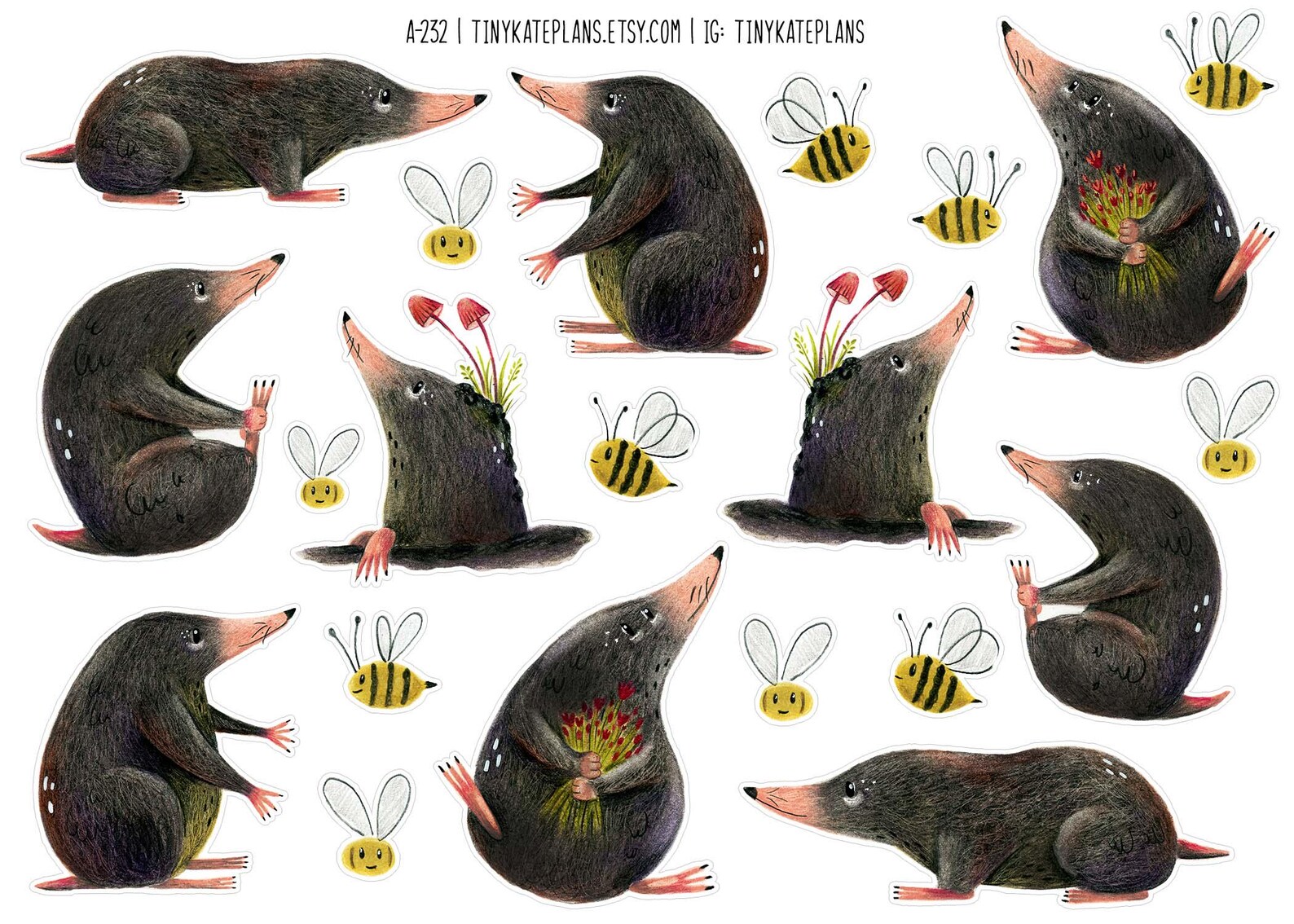 Moles & Bees Postcard Set, Mole Animal Postcard, Cute Forest Animal ...