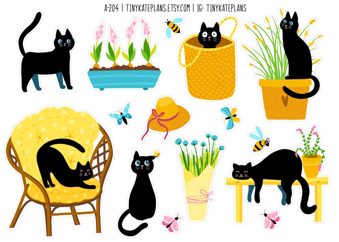 Black Garden Cats Planner Stickers, Cat Lover Planner Stickers, Funny ...