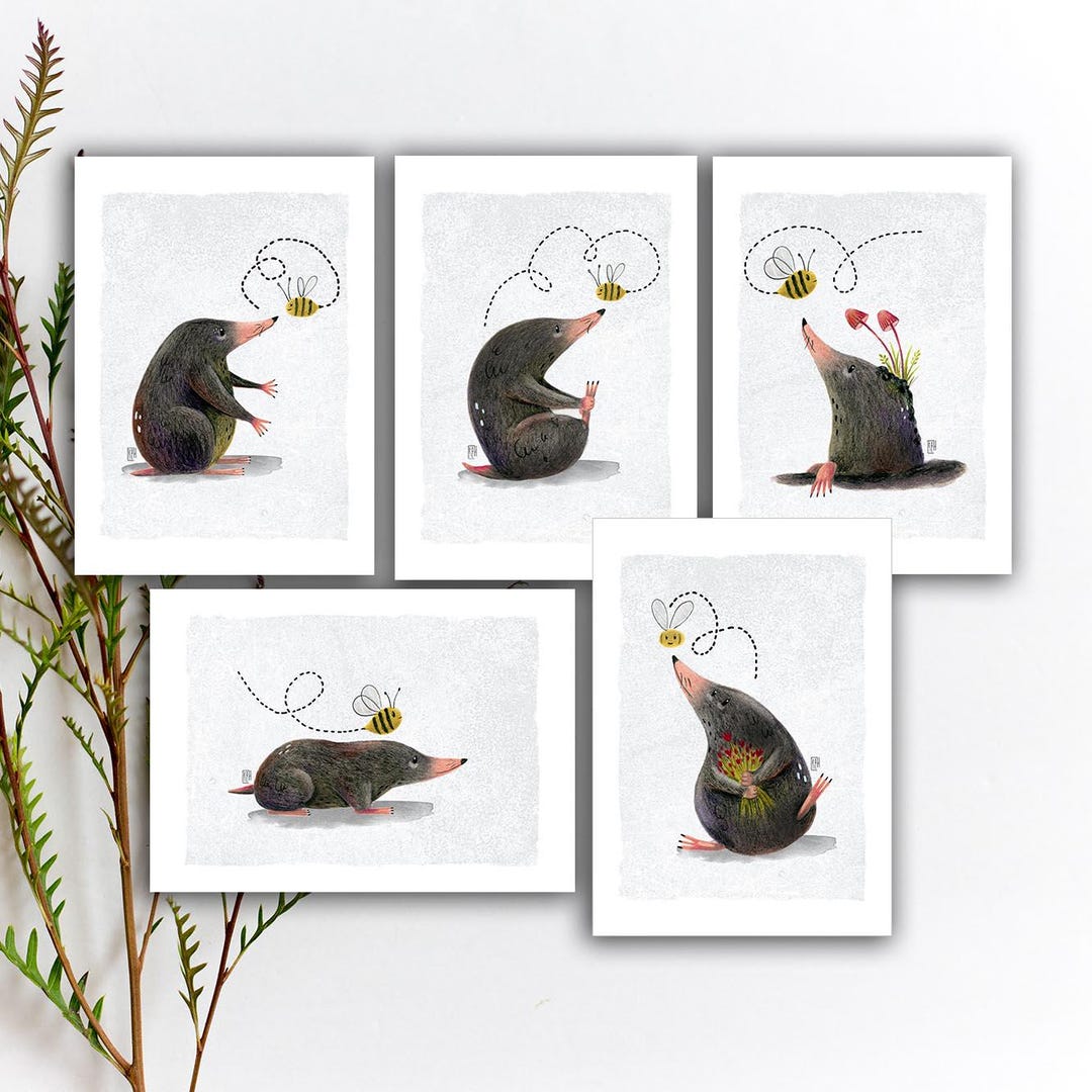 Moles & Bees Postcard Set, Mole Animal Postcard, Cute Forest Animal ...