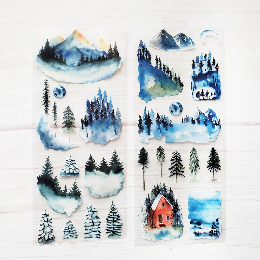Watercolor Winter Forest PET Tape Sample, Tiny Clear Mountain Stickers ...
