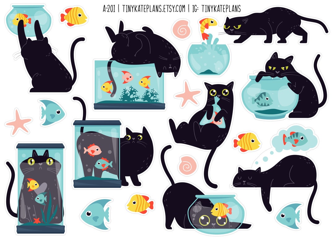 Black Cat & Fish Planner Stickers, Cat Lover Planner Stickers, Funny ...