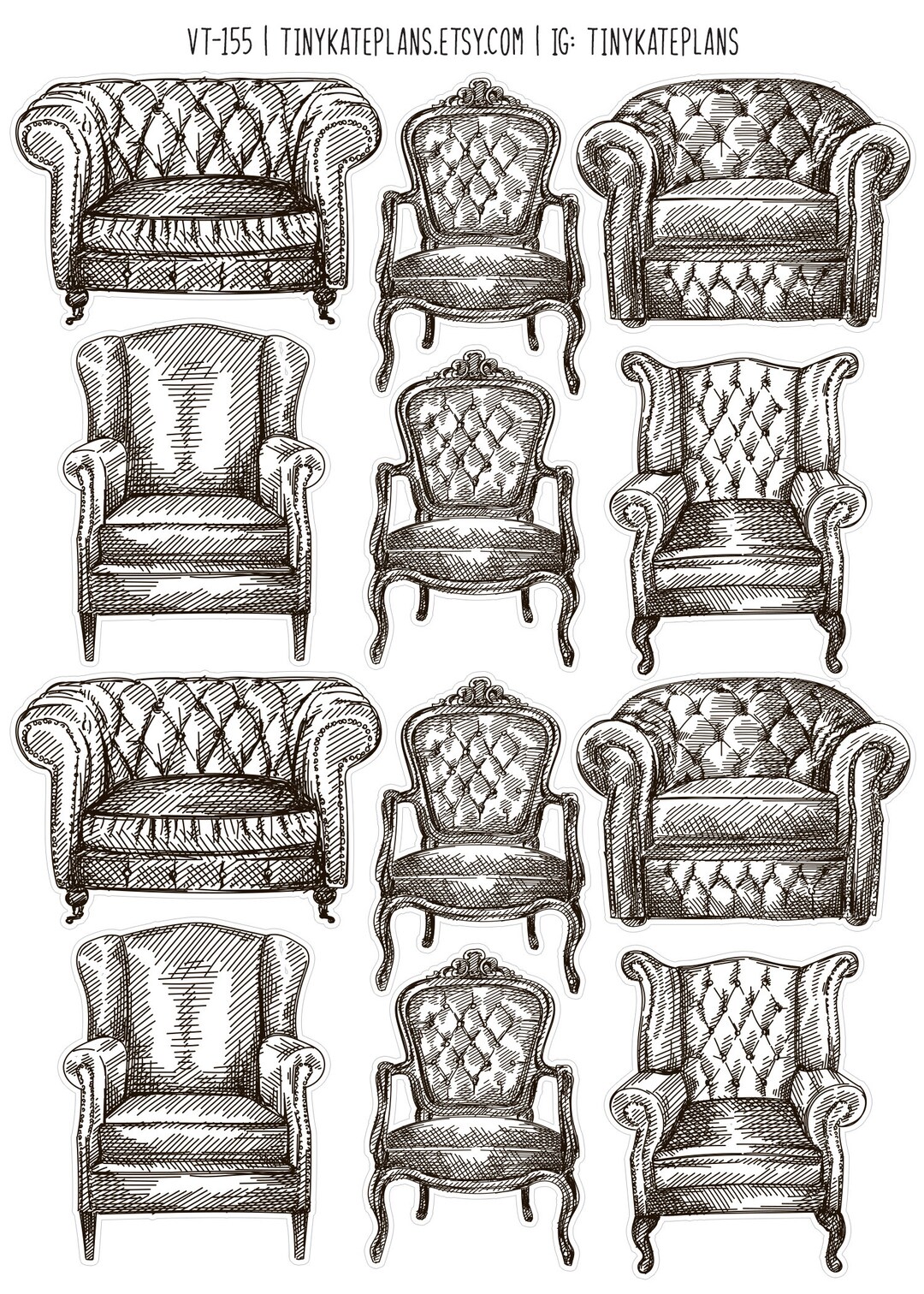 12 Vintage Chair Stickers, Ephemera for Junk Journal, Vintage Inspired ...
