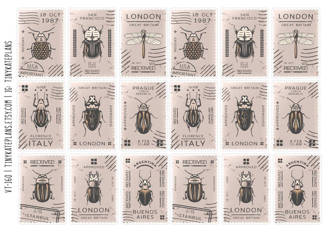 18 Vintage Faux Postal Stamps Stickers, Vintage Inspired Bug Stamp ...