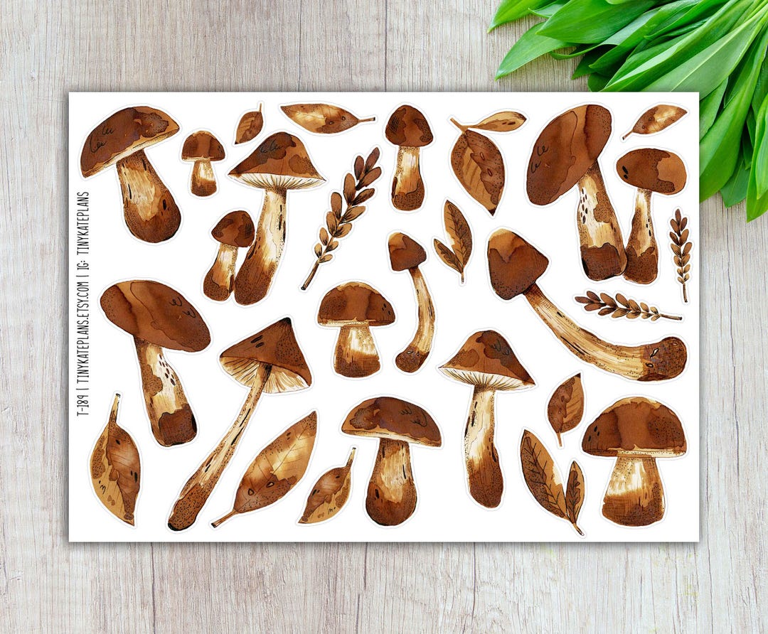Fall Brown Ink Mushroom Planner Stickers, Forest Foliage Planner ...