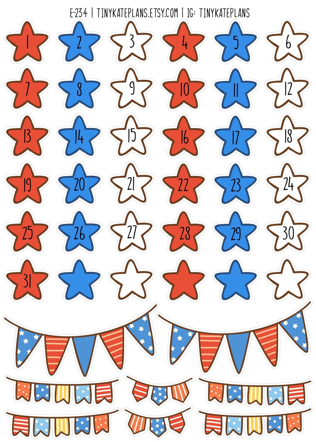 4th of July Star Date Cover Planner Stickers, Summer Calendar Countdown ...