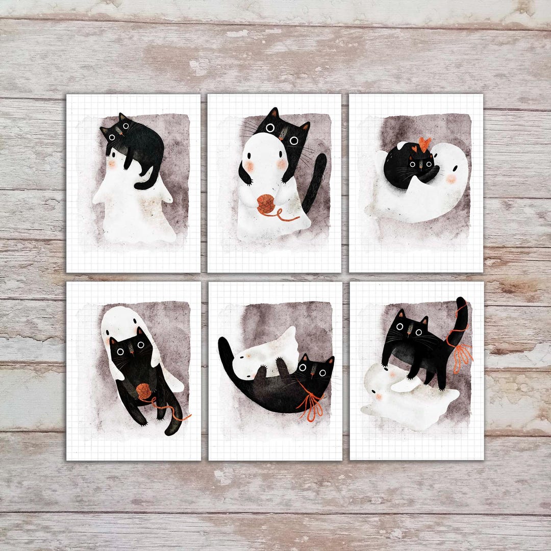 Tipin Art Card Set of 6, Halloween Black Cat & Ghost 3x4 Card Prints ...