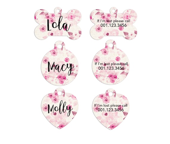 Watercolor Pink Peonies Pet ID Tags Cat Tag Personalized Pet | Etsy