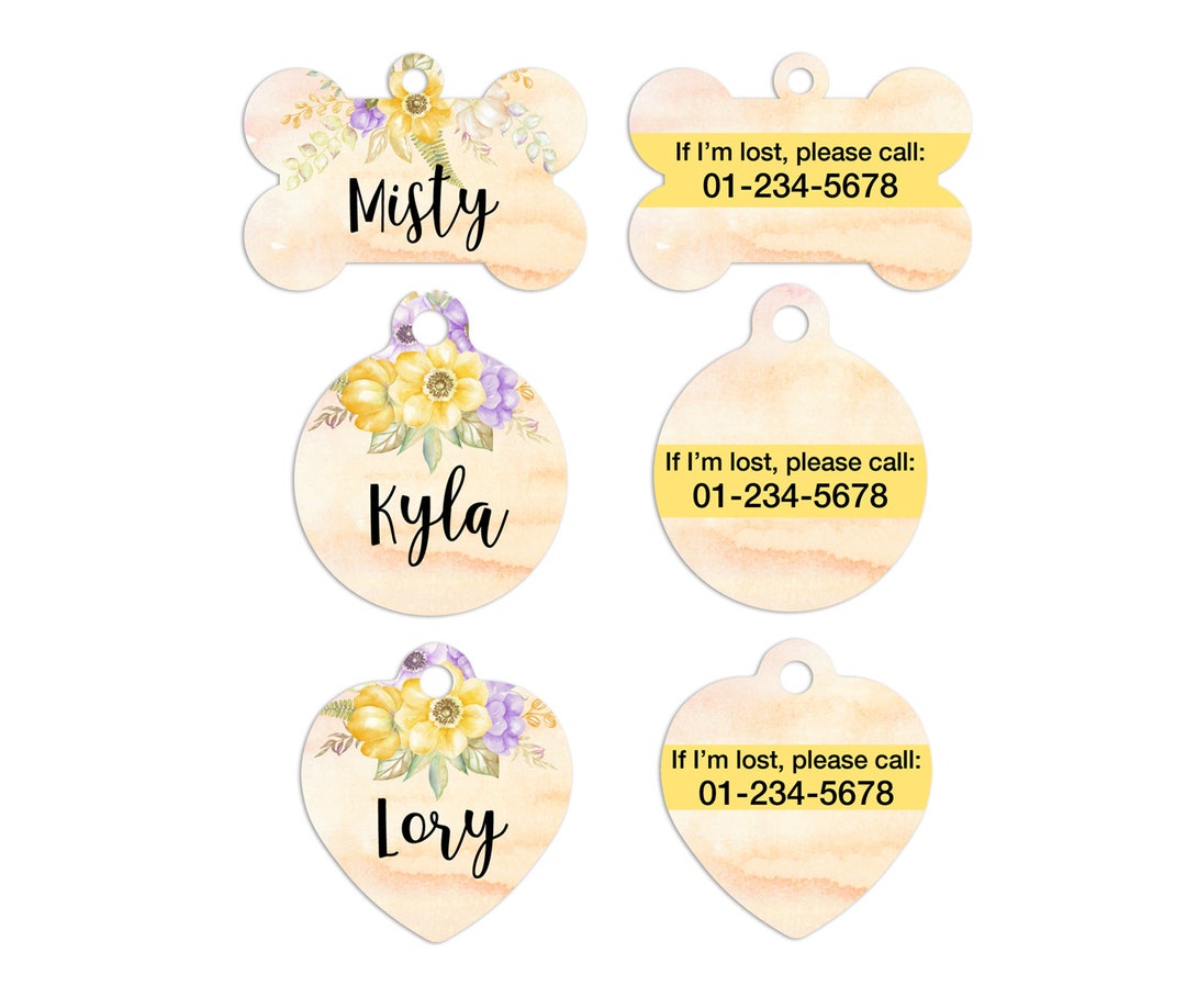 Watercolor Floral Yellow Pet ID Tags Cat Tag Personalized Pet Tags Dog ...