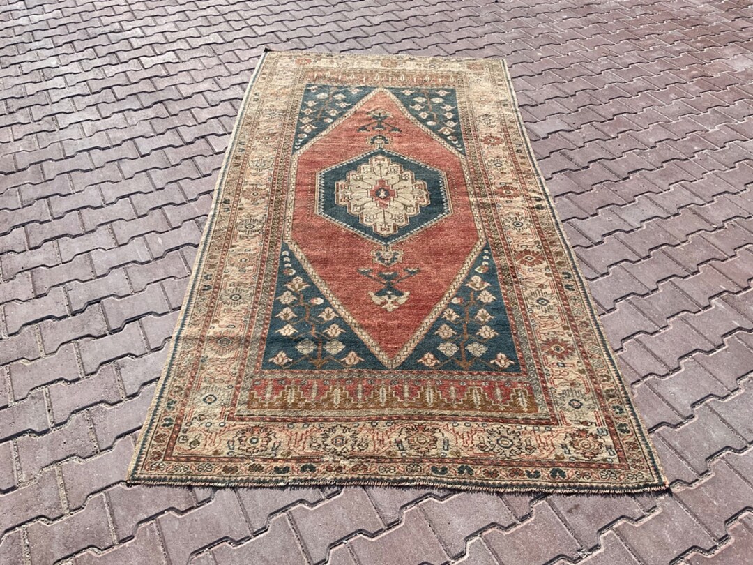 4x9 Orange Blue Rug, Handmade Rug, Vintage Rug, Home Decor Rug, 4x9 ...