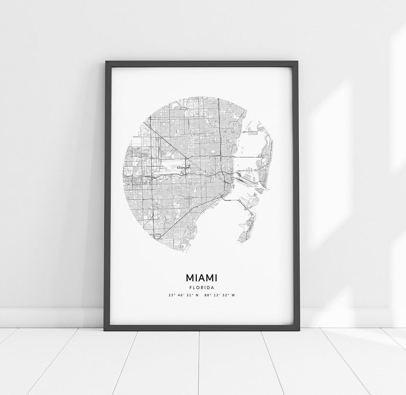 Miami Map Print, Miami Florida USA Map Art Poster, City Street Road Map ...